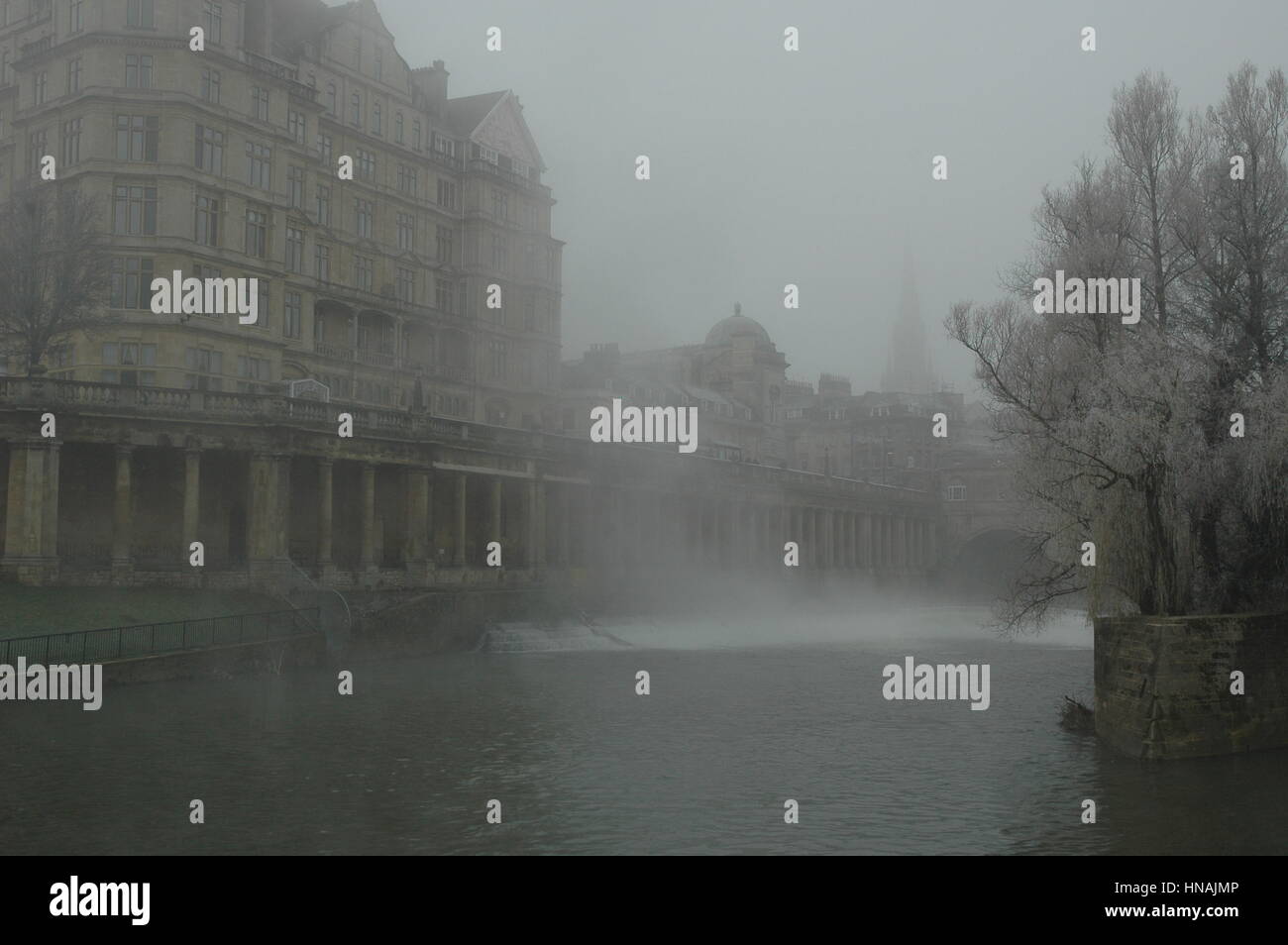 Scene from foggy misty Bath, Somerset, England, on cold winter day ...