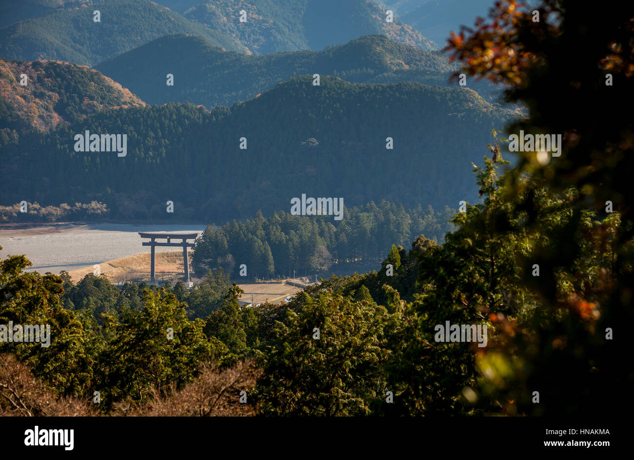 Viewpoint, in background the giant Torii gateway of Oyunohara, Kumano ...