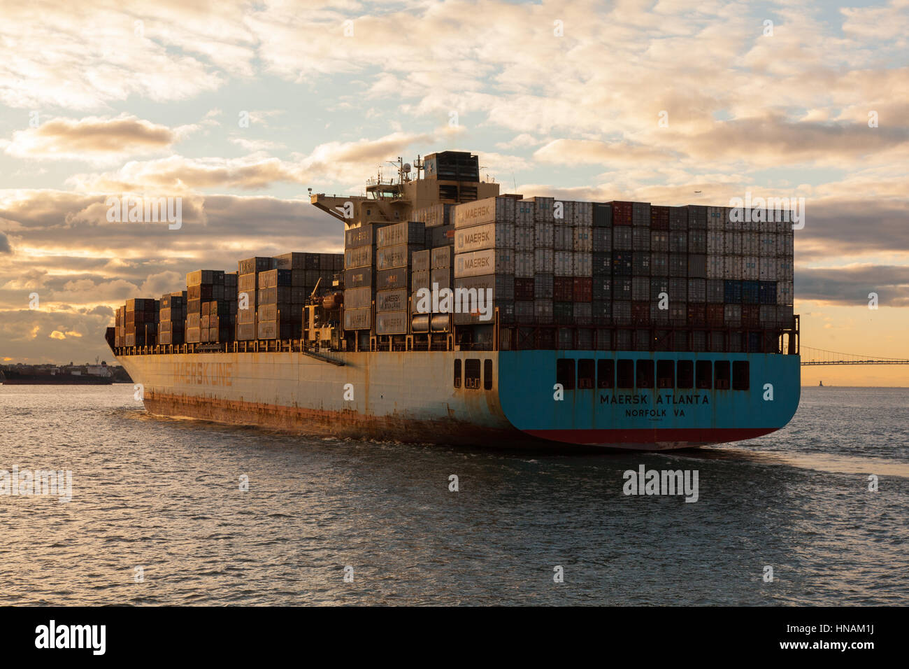 Large container ship on the Hudson River, New York City, United States ...