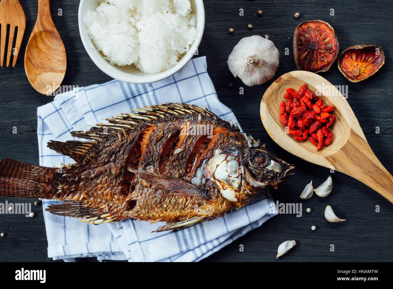 Delicious food, fish fried and rice with vegetable Stock Photo - Alamy