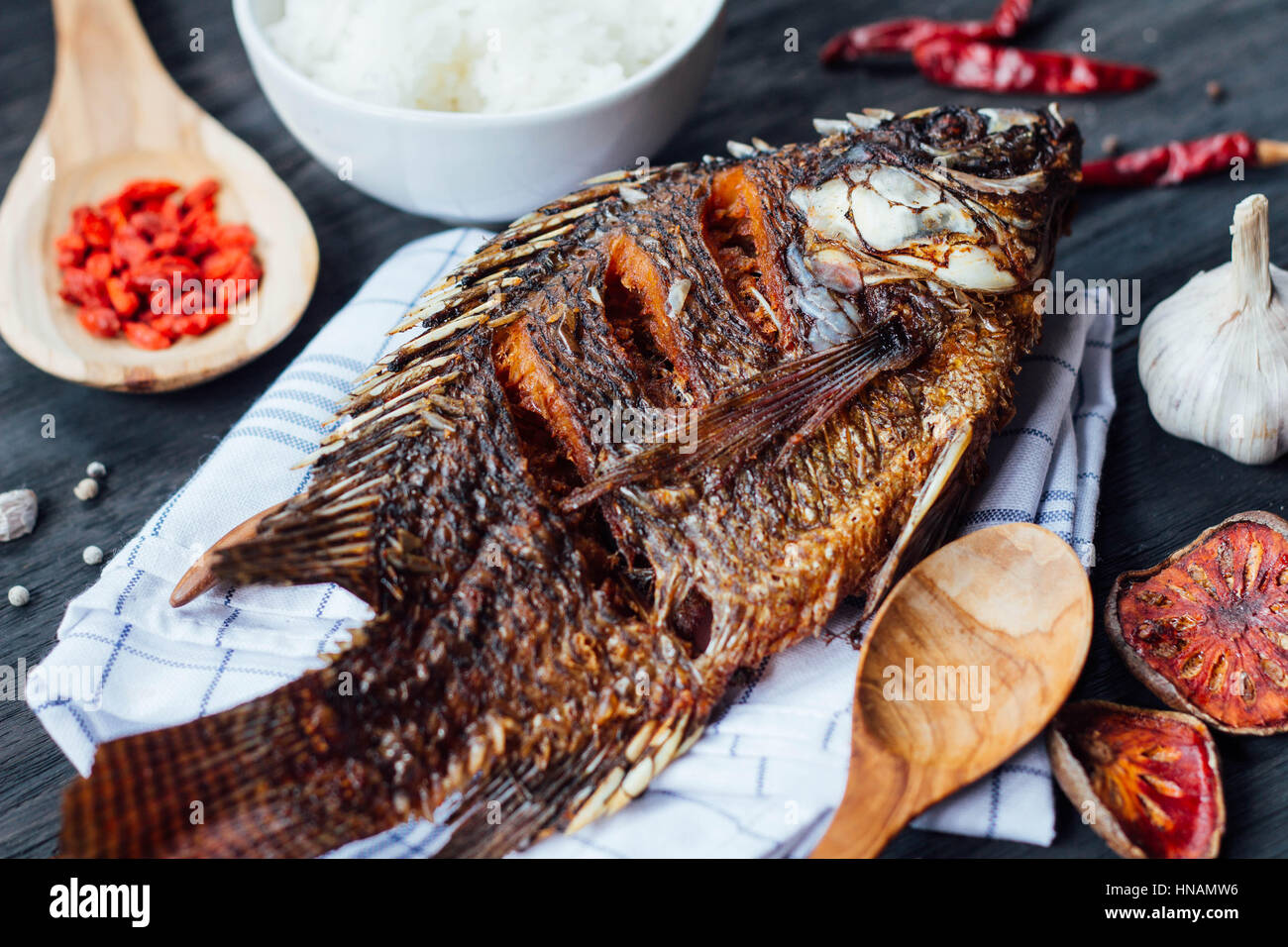 Delicious food, fish fried and rice with vegetable Stock Photo - Alamy