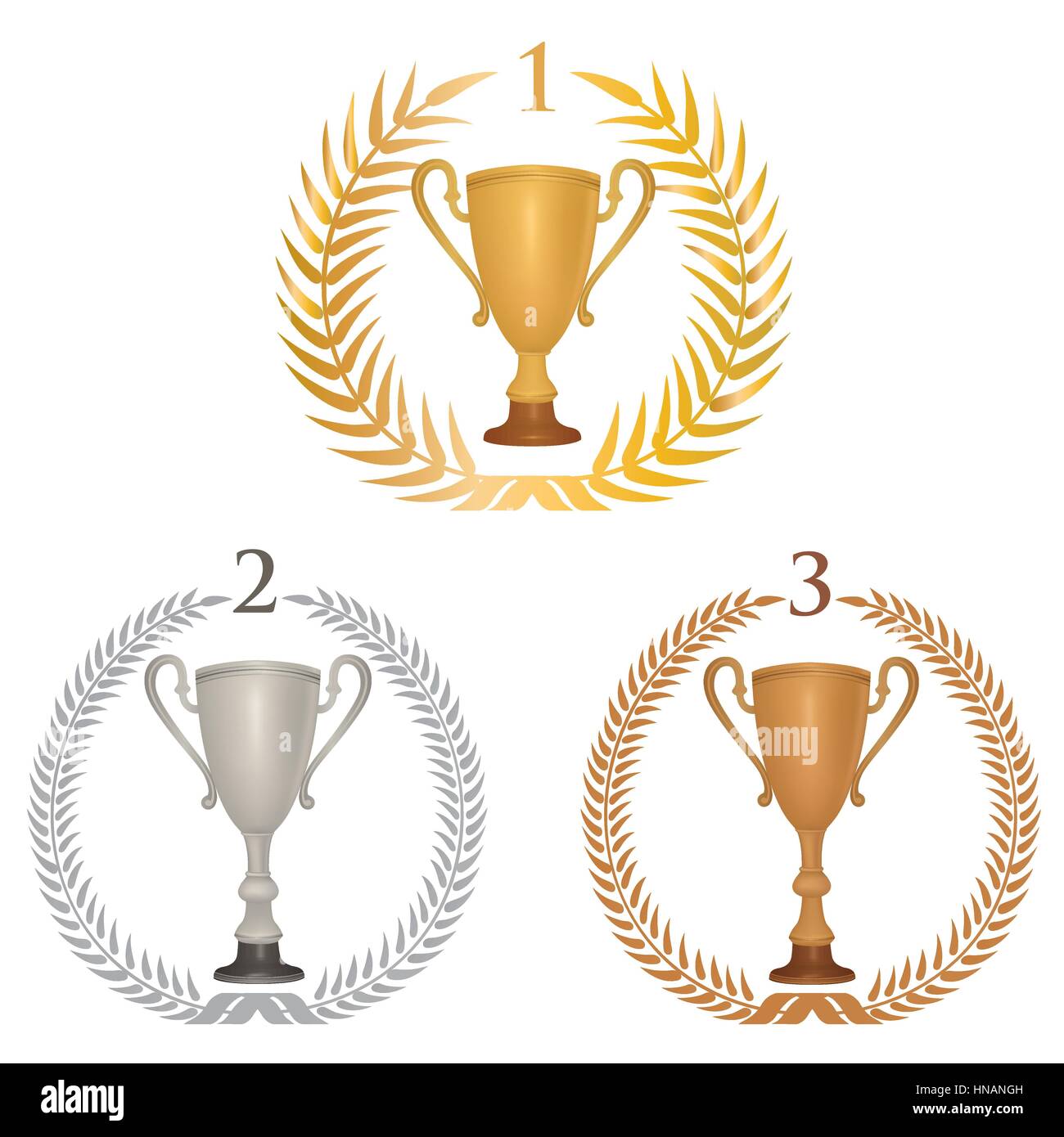 Winner cup trophies set with laurel wreath. Golden, silver and bronze ...