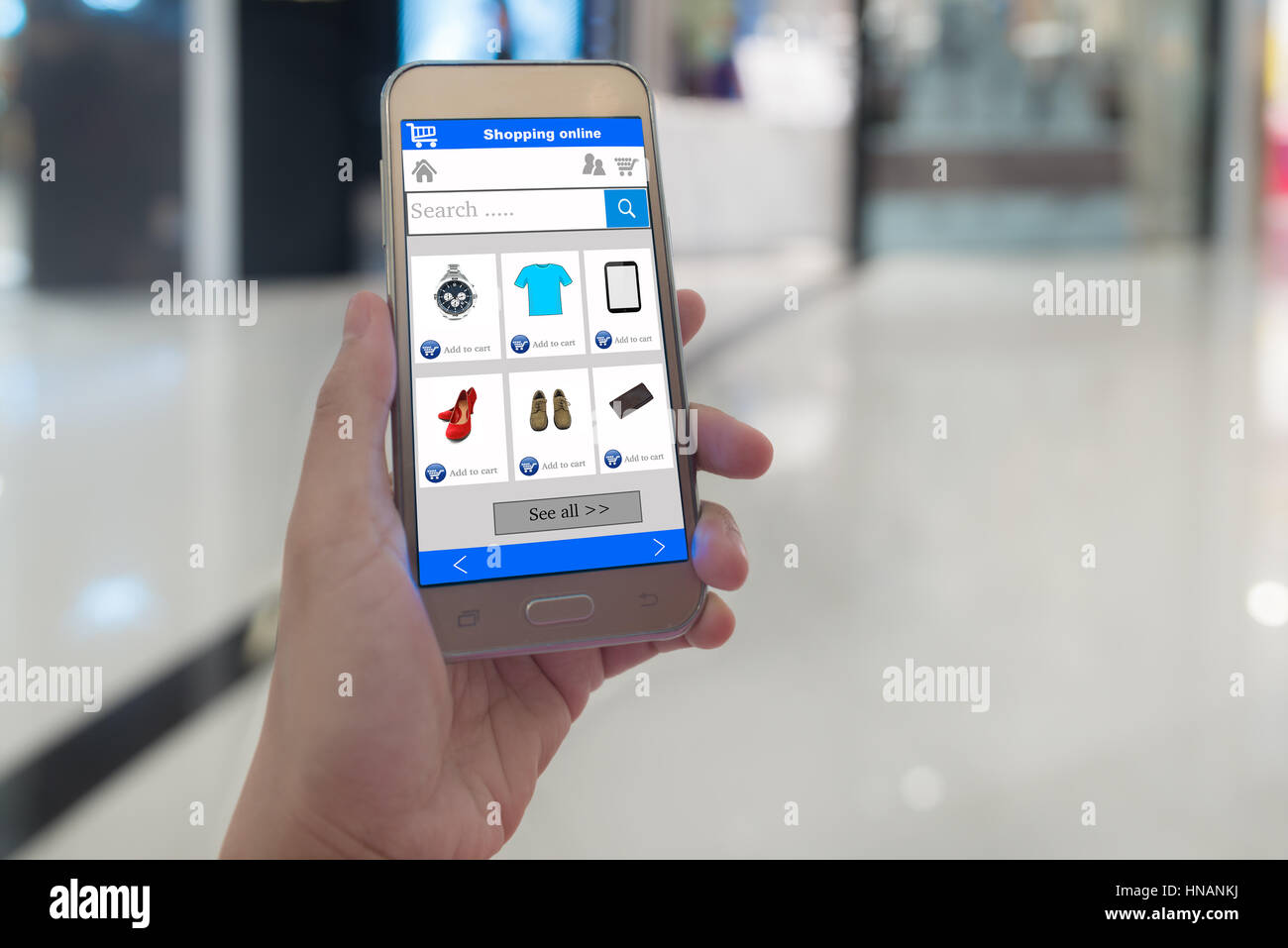 Smart phone online shopping in woman hand. Shopping center in ...