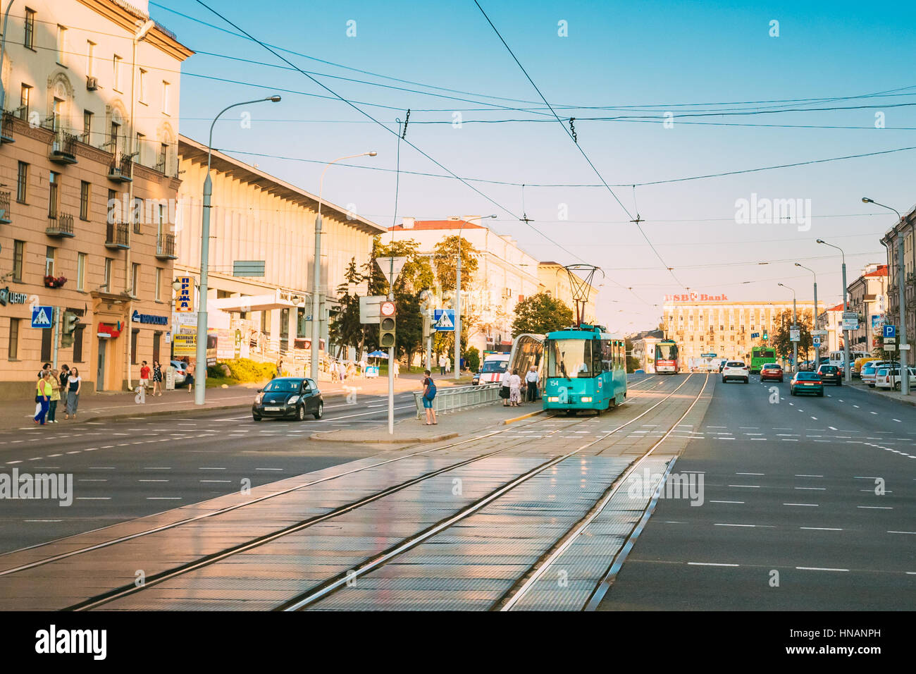 Minsk, Belarus. View Of Kozlov Street With Tram Rails And City Traffic ...