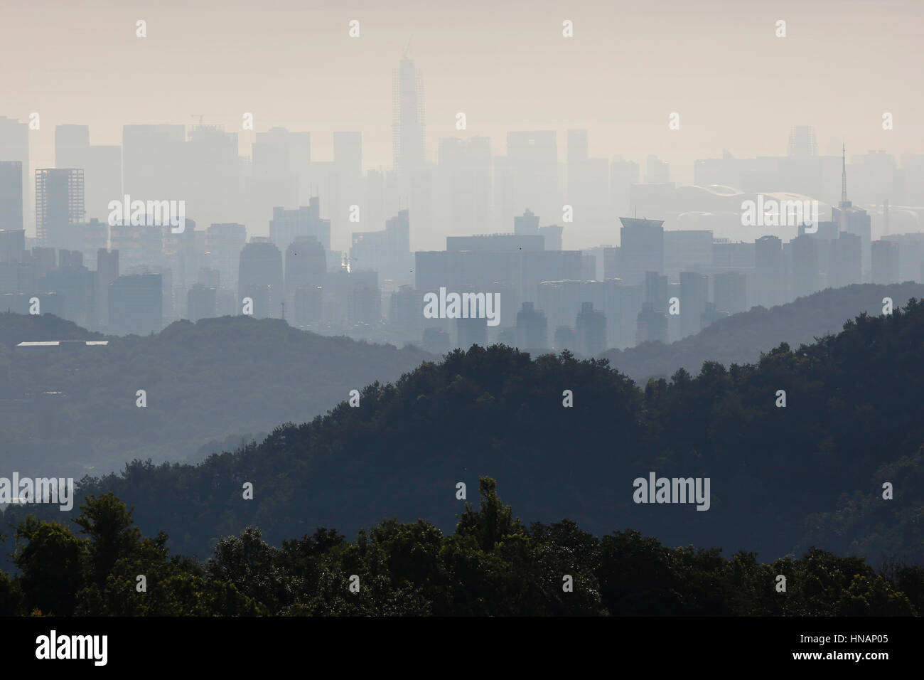 Pollution haze hangs over the city of Hangzhou, Hangzhou, China Stock ...
