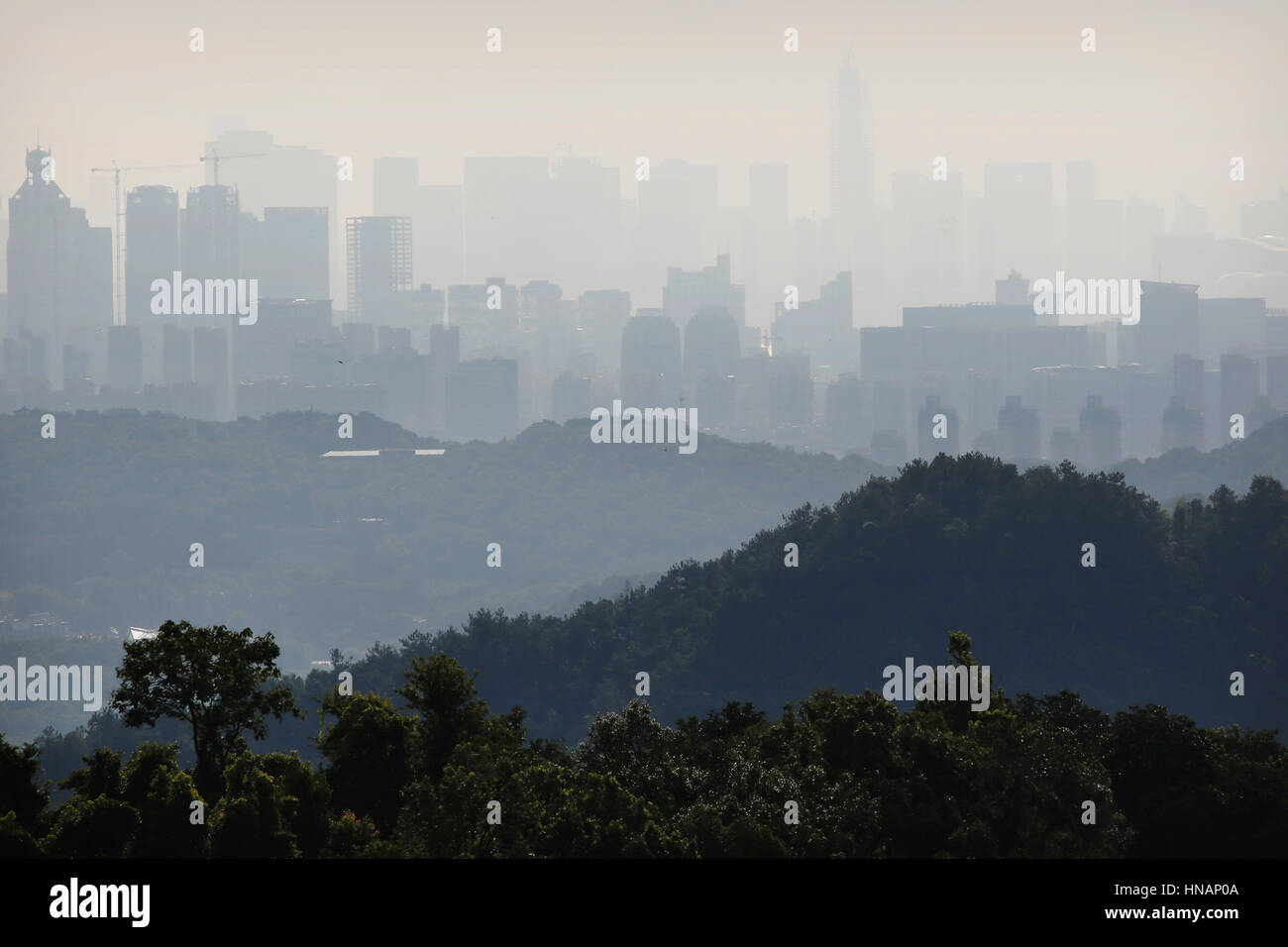Pollution haze hangs over the city of Hangzhou, Hangzhou, China Stock ...