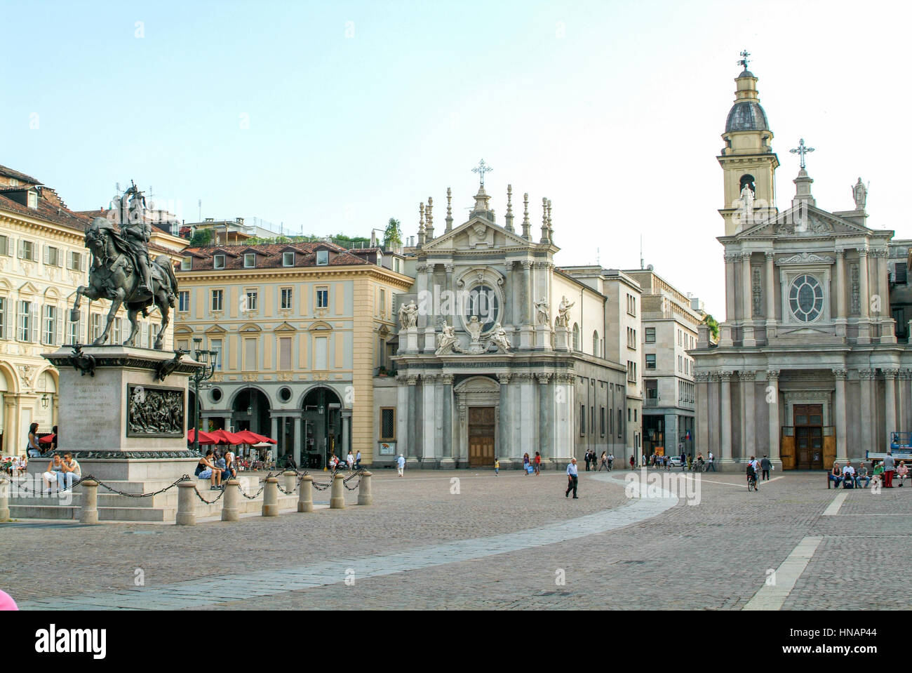 Turin, Italy - 15 July 2010: People walking and resting in front of ...