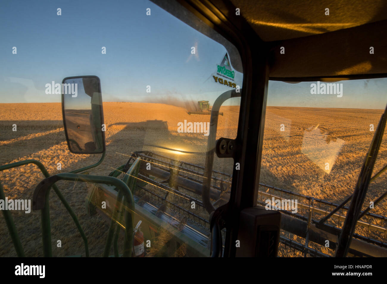 View from inside a combine harvester, while another combine moves in ...