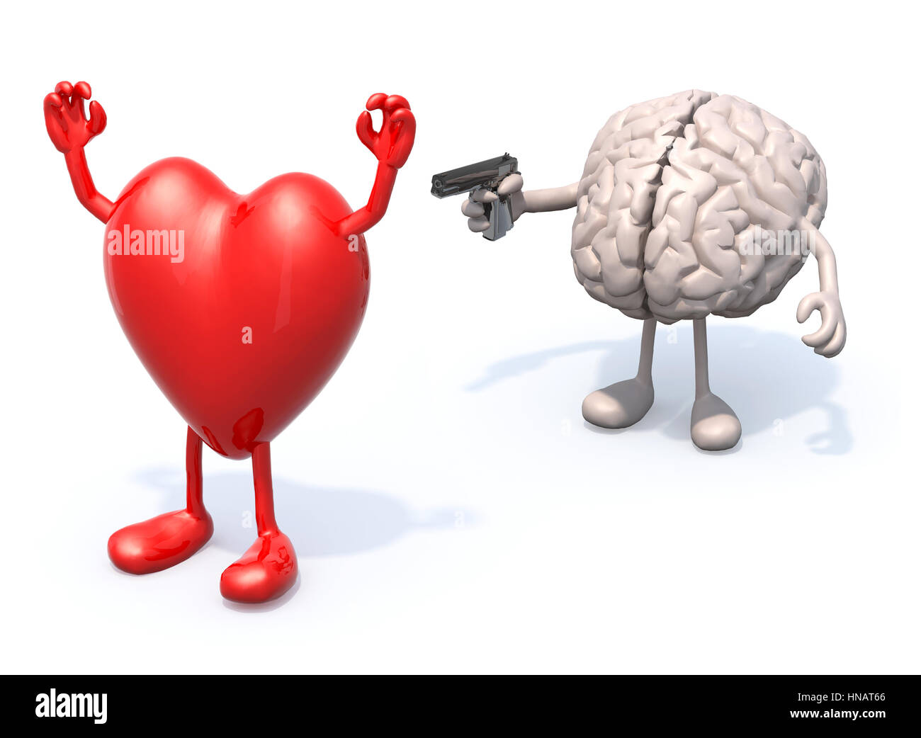 heart and brain with arms and legs, brain has a gun and points it at ...
