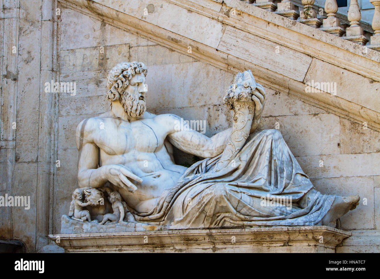 Statue of god ( Tiber ) with cornucopia at square Piazza del ...