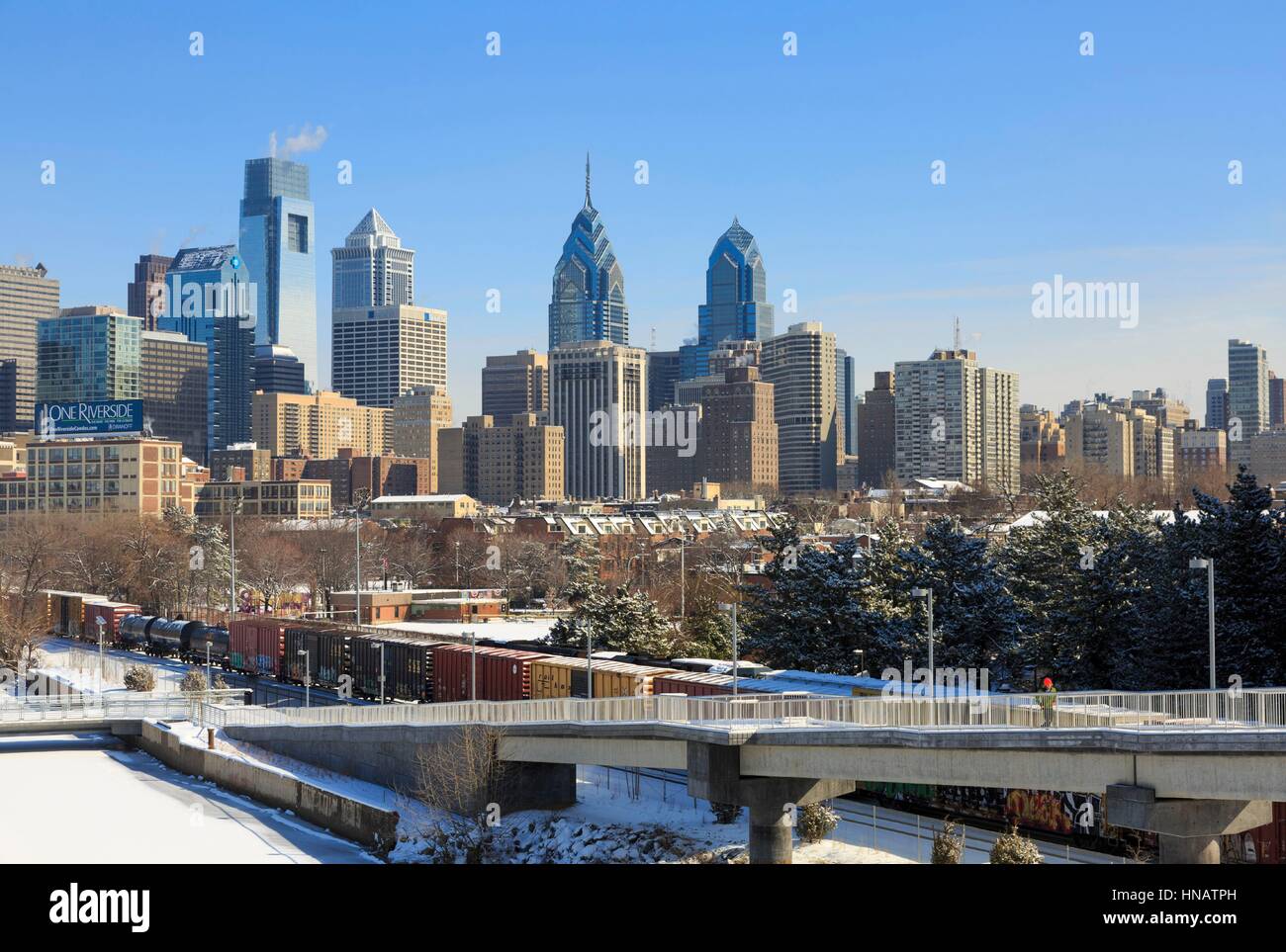 Train with Philadelphia Skyline in winter, USA Stock Photo - Alamy