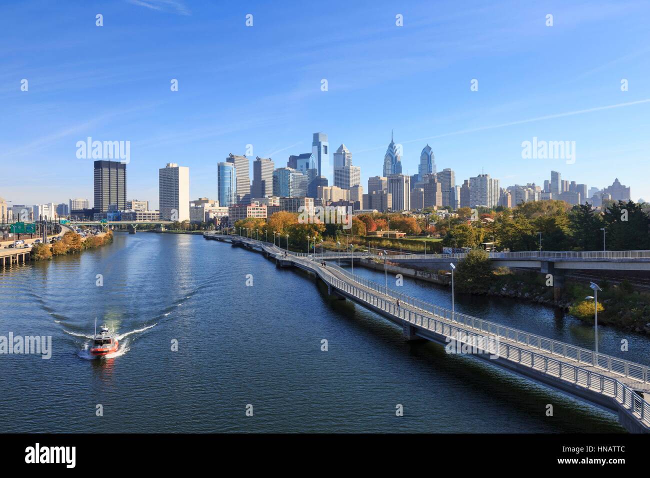 Boat in front of Philadelphia Skyline with Schuylkill River Park ...