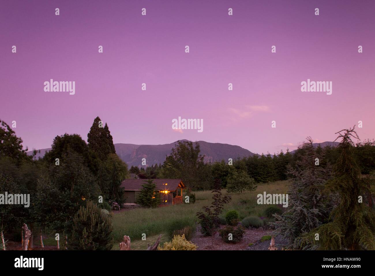 Twilight exterior of luxury cabin with mountain view, Carson Ridge ...