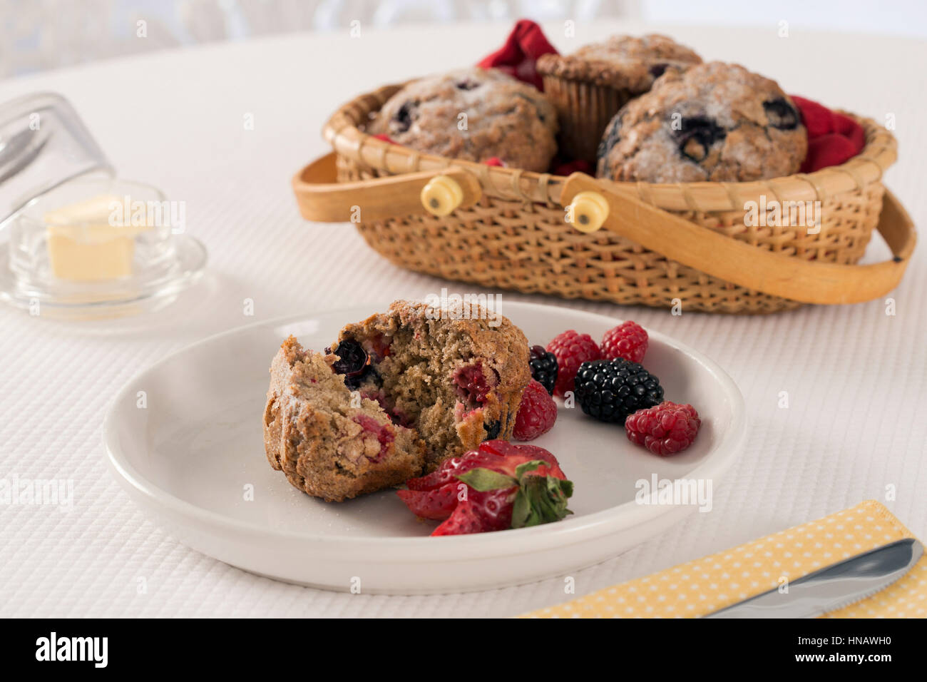 Blueberry & cranberry muffins in a basket and on a plate, Chatham ...