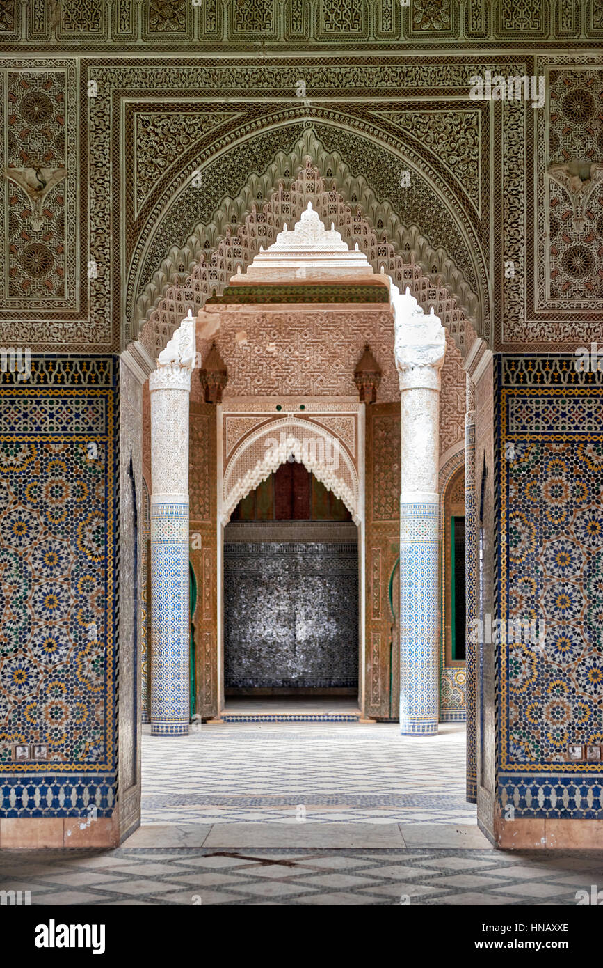 interior view with strong decoration of Kasbah of Telouet, Morocco ...