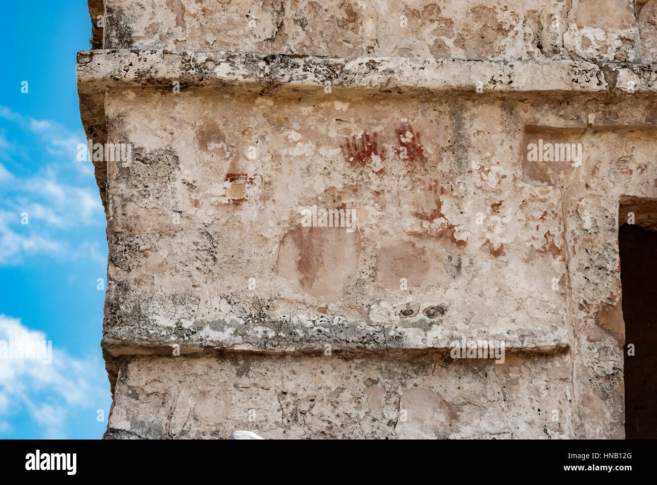 Traces of painted hands on the walls of Mayan ruins of Tulum, Mexico ...