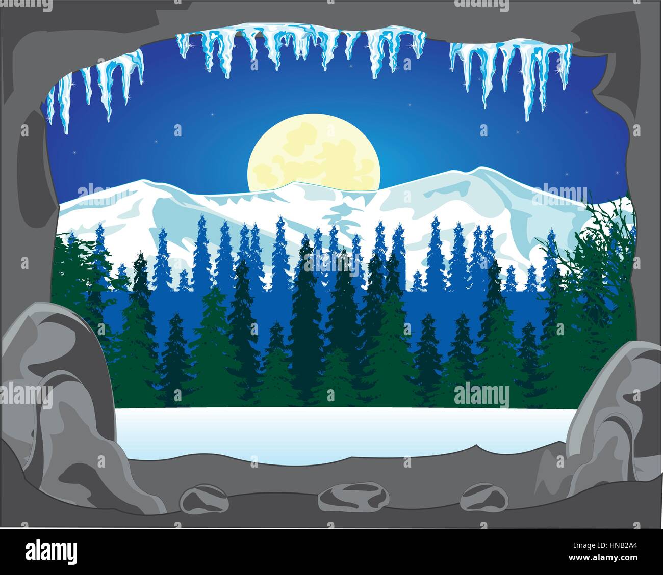 The Big cave in winter in wood in the night.Vector illustration Stock ...
