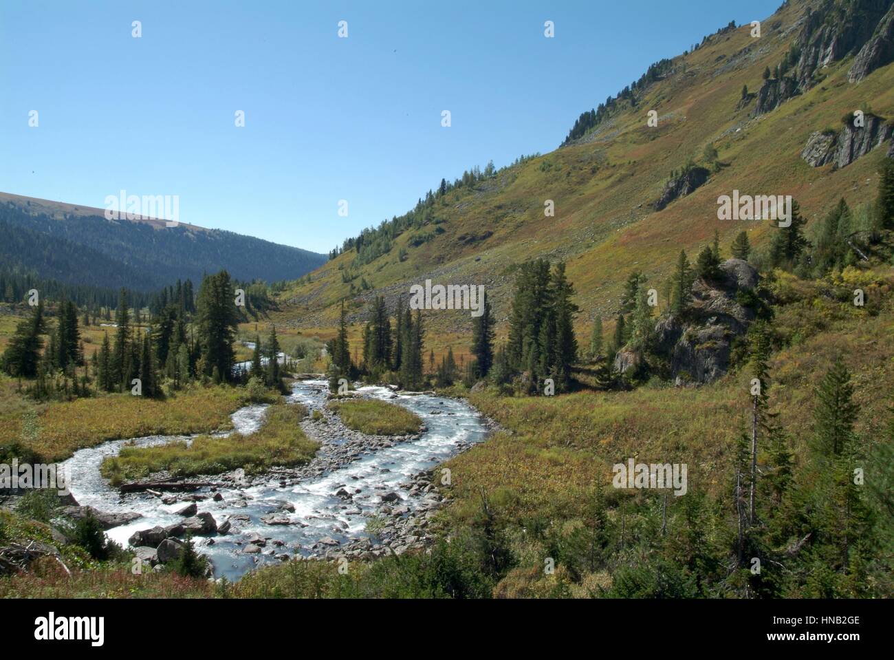 Nice view of the mountains and blue sky waterfall, Altay Stock Photo ...