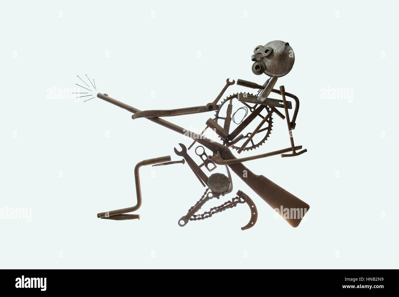 allegory of war, rusty warrior with gun over white background Stock ...