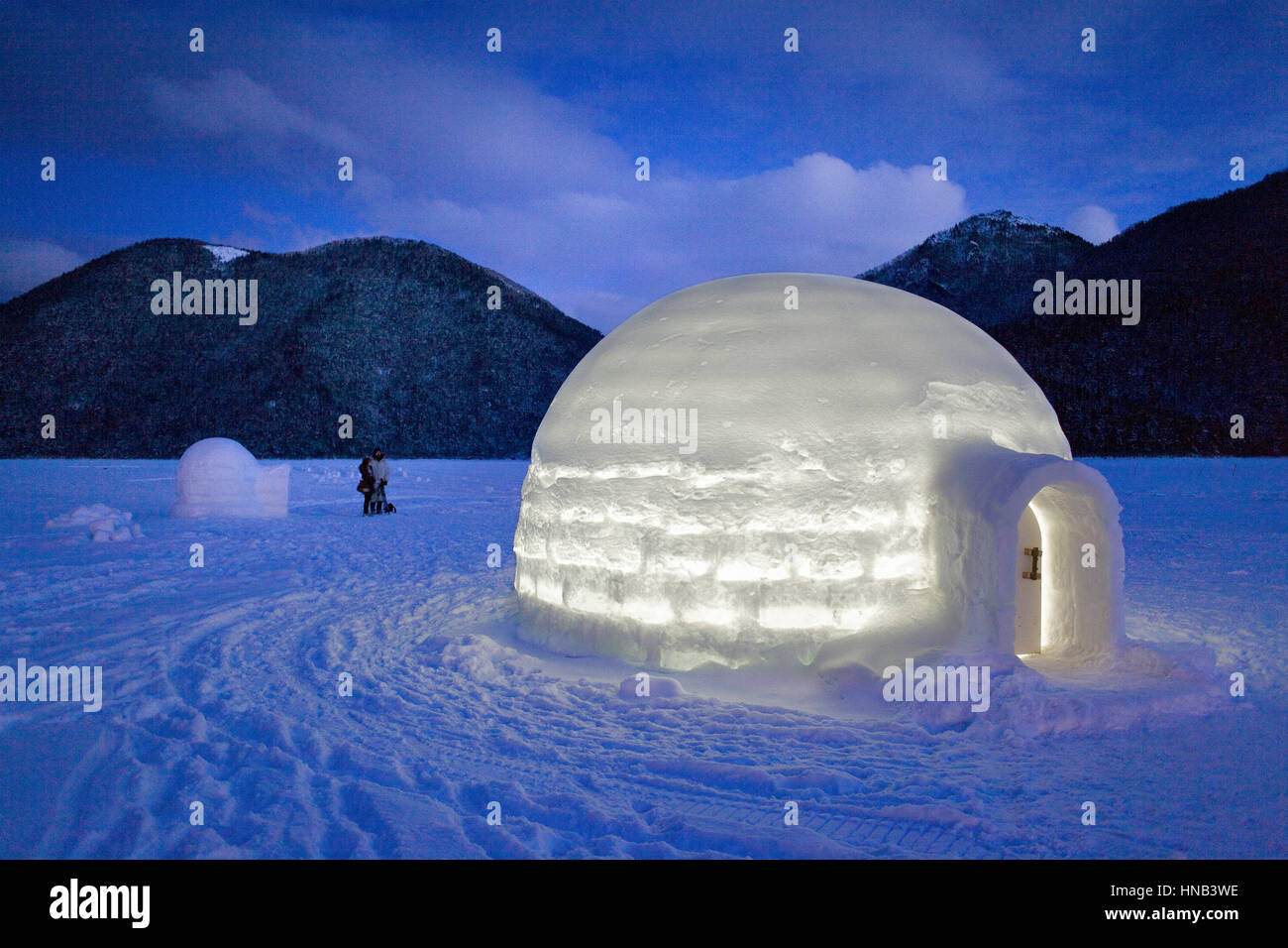 Igloo Village on Shikaribetsu frozen lake,Snow Water surface ...