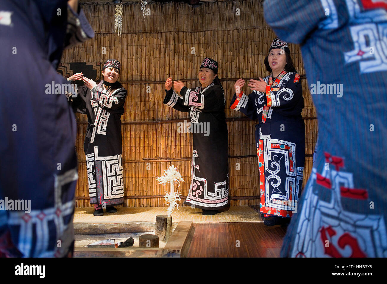 Ainu traditional dance in Ainu village museum,Shiraoi Poroto Stock ...