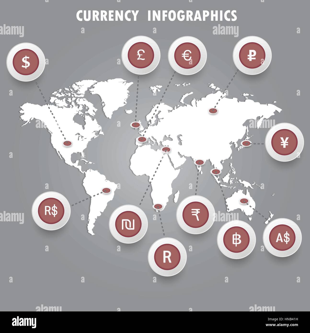 Signs of the currencies on the world map. Infographics. Vector Stock ...