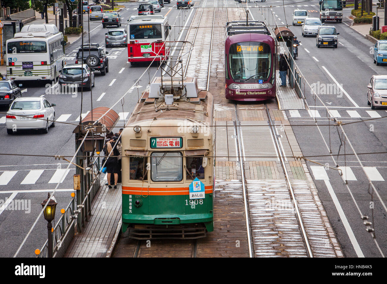 Trolley, trolley car, streetcar, Street scene, Rijo dori Ave, Hiroshima ...