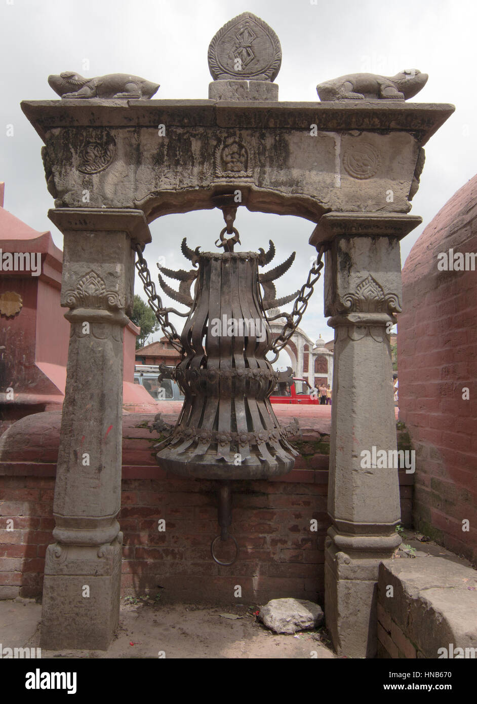 Stylised brass bell outside a Hindu temple in Bhaktapur, Kathmandu ...