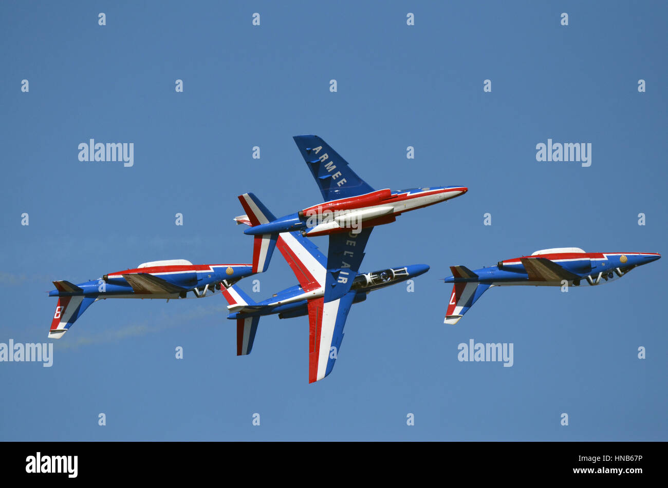 French Air Force jet patrol in flight demonstration in Toulouse ...