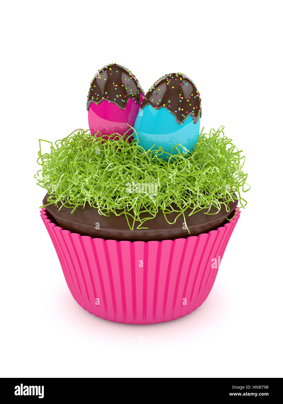 3d render of Easter muffin with grass and eggs isolated over white ...