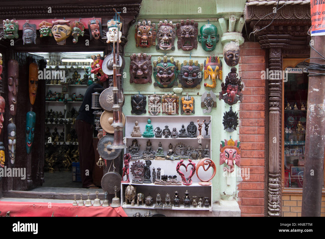 Traditional colourful wooden Nepalese masks on sale in a Kathmandu ...