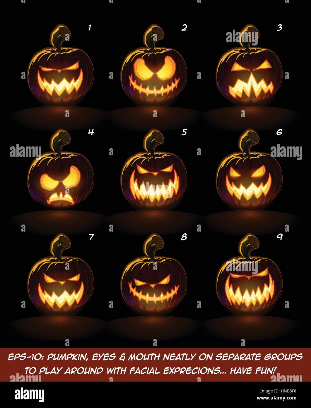 Vector icons of a lighten Jack O Lantern glowing in the dark in 9 scary ...