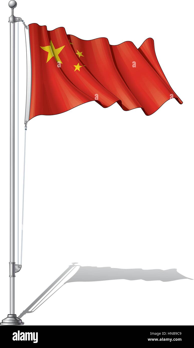 Vector Illustration of a waving Chinese flag fasten on a flag pole ...