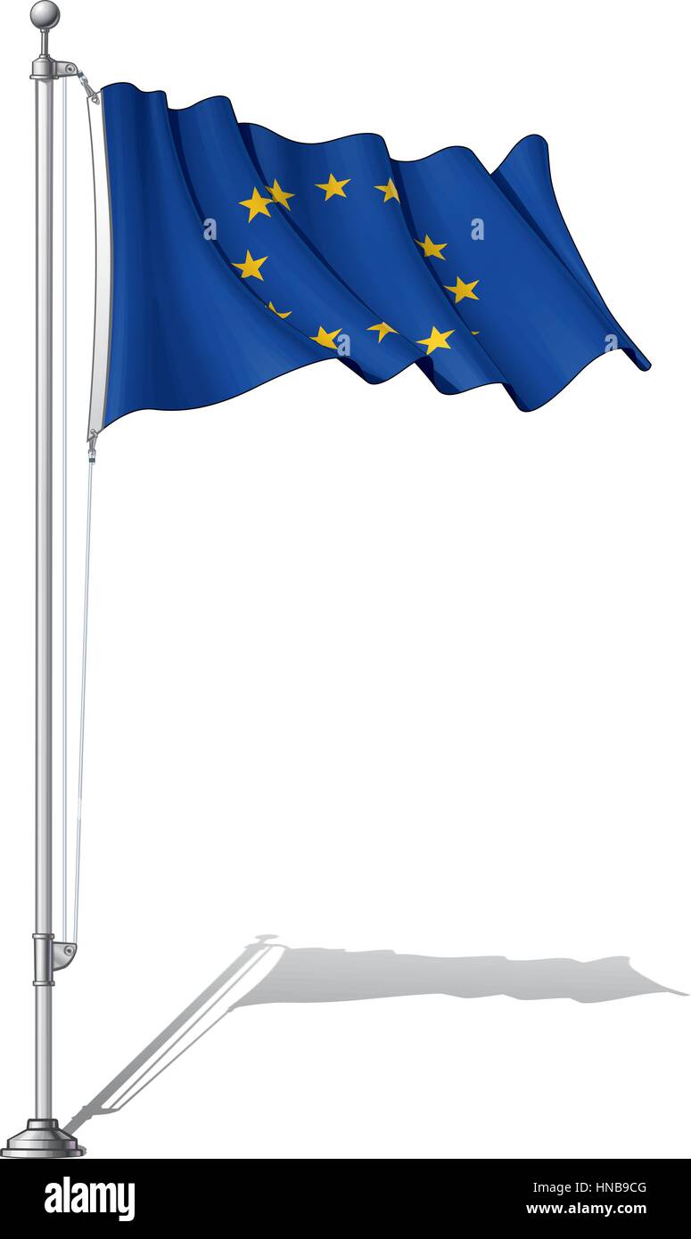 Vector Illustration of a waving EU flag fasten on a flag pole. Flag and ...