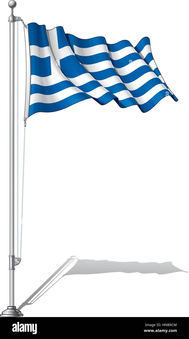Vector Illustration of a waving Greek flag fasten on a flag pole. Flag ...
