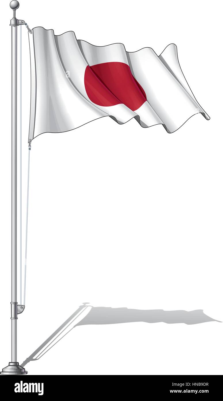 Vector Illustration of a waving Japanese flag fasten on a flag pole ...