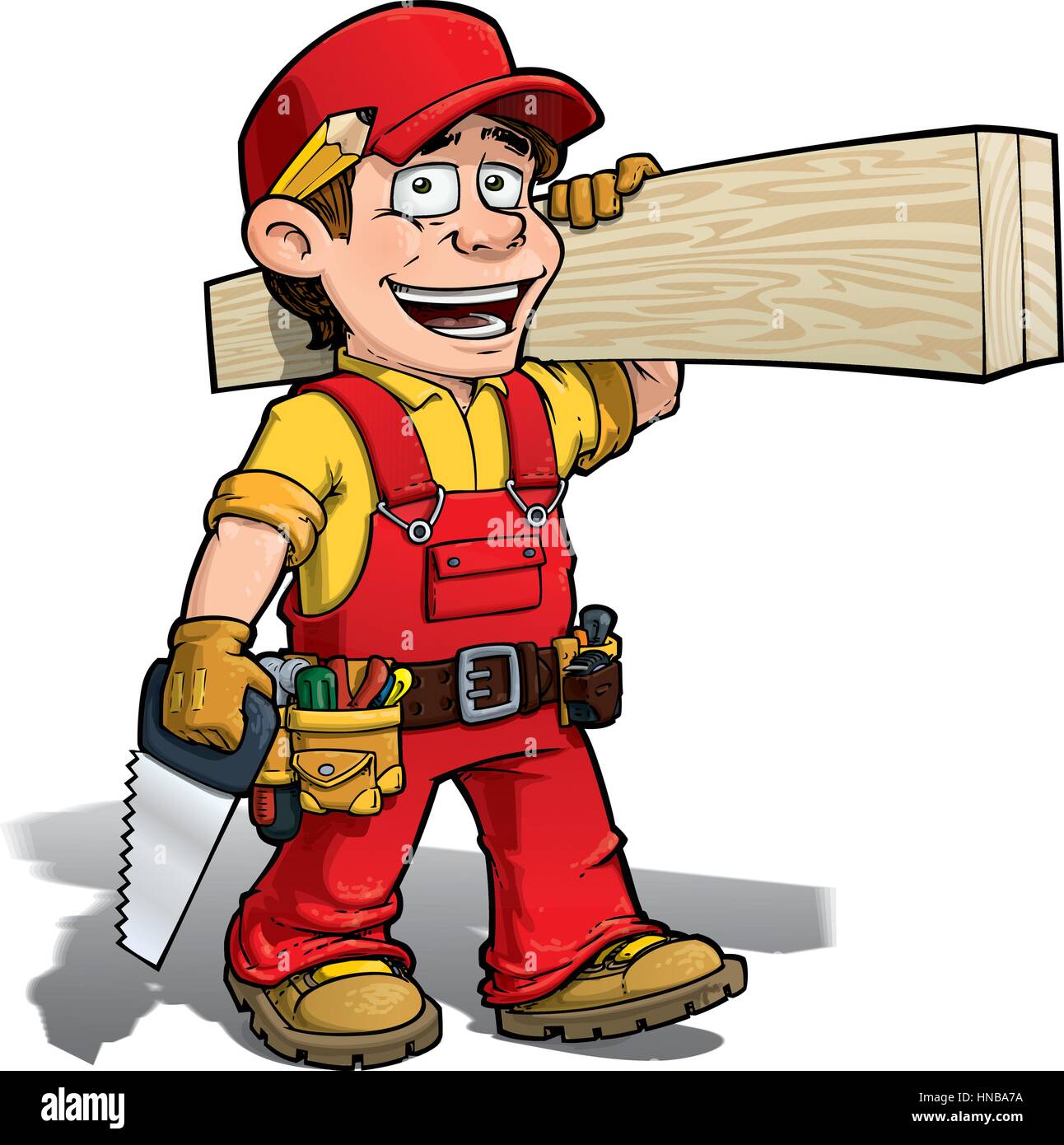 Cartoon illustration of a handyman - carpenter carrying planks of wood ...