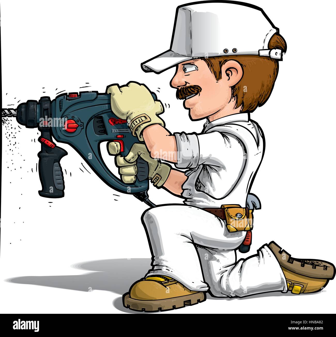 Cartoon illustration of a handyman drilling on a wall Stock Vector ...