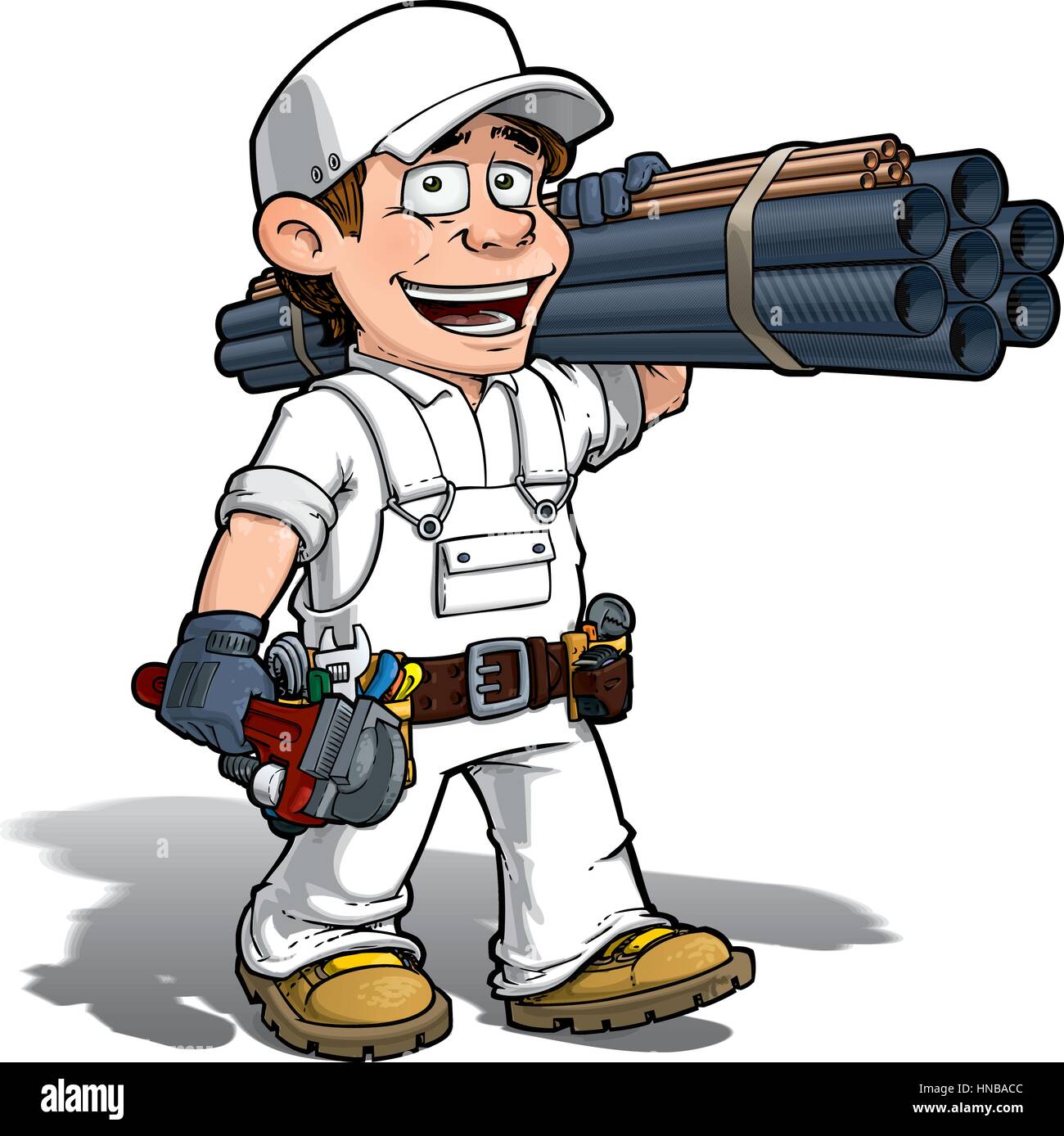Cartoon illustration of a handyman - plumber carrying pipes and a ...