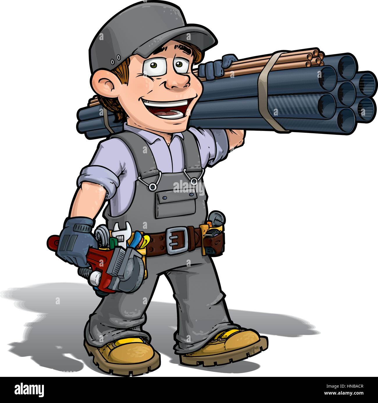 Cartoon illustration of a handyman - plumber carrying pipes and a ...