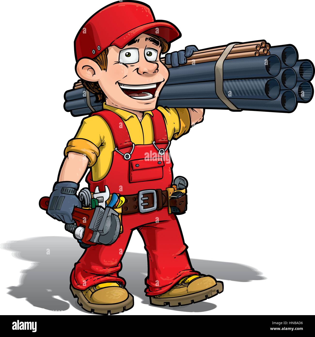Cartoon illustration of a handyman - plumber carrying pipes and a ...