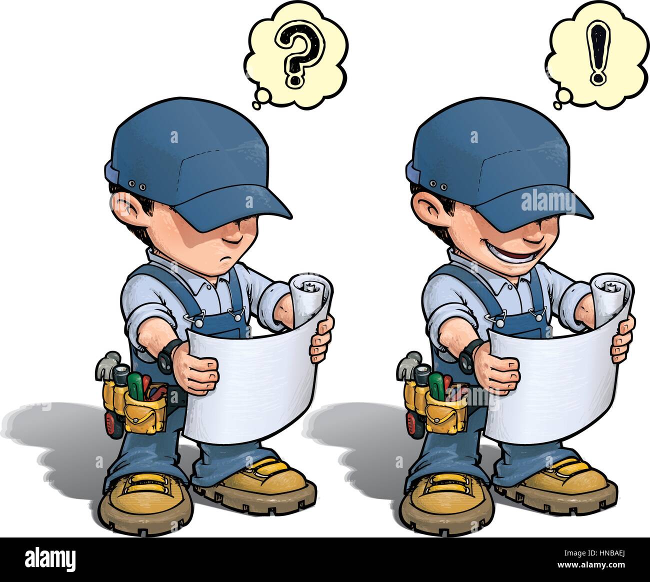 Cartoon illustration of a handyman reading a blueprint. Weather he ...