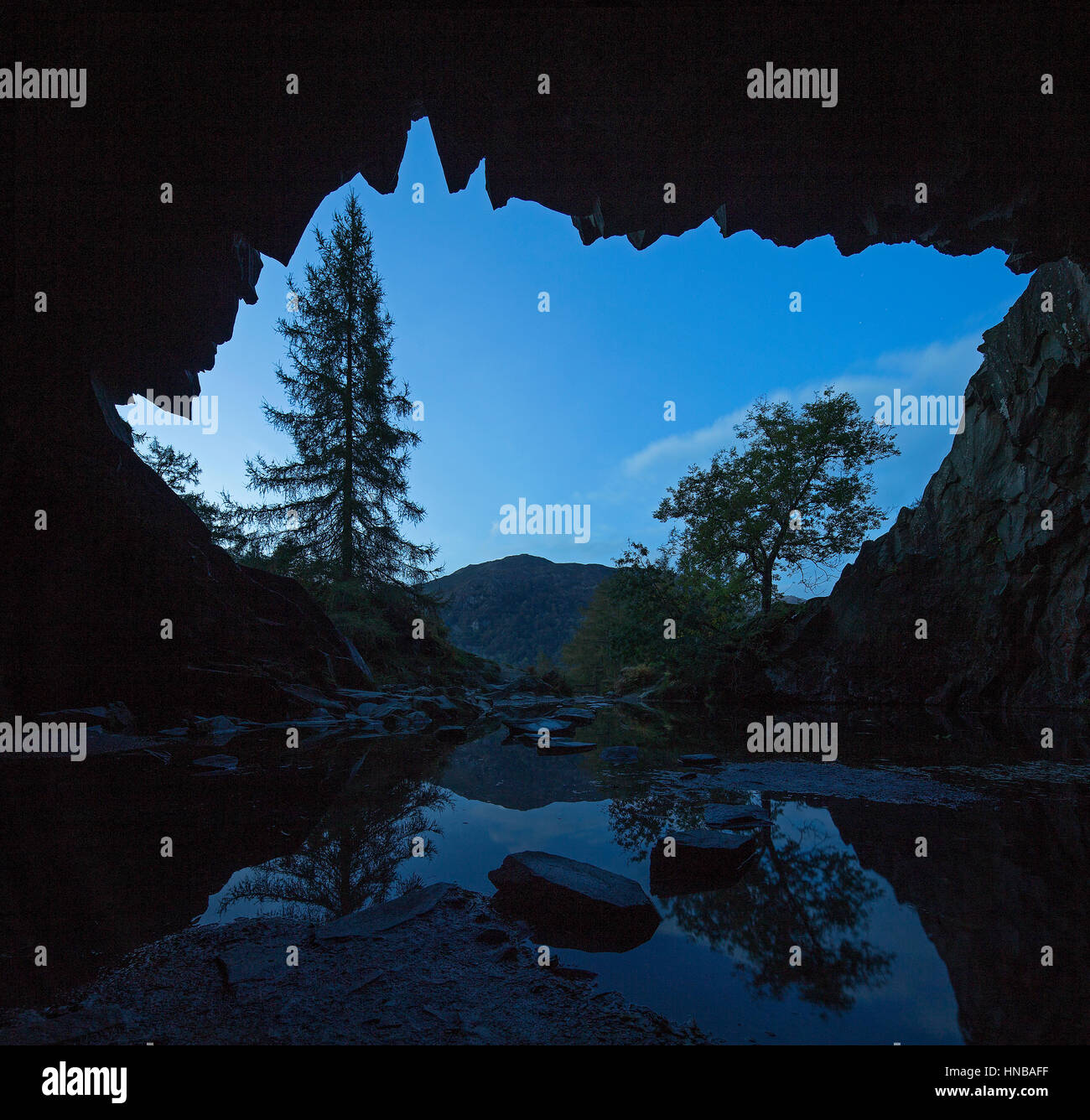 A view of the night sky looking out of Rydal Cave near Ambleside in The ...
