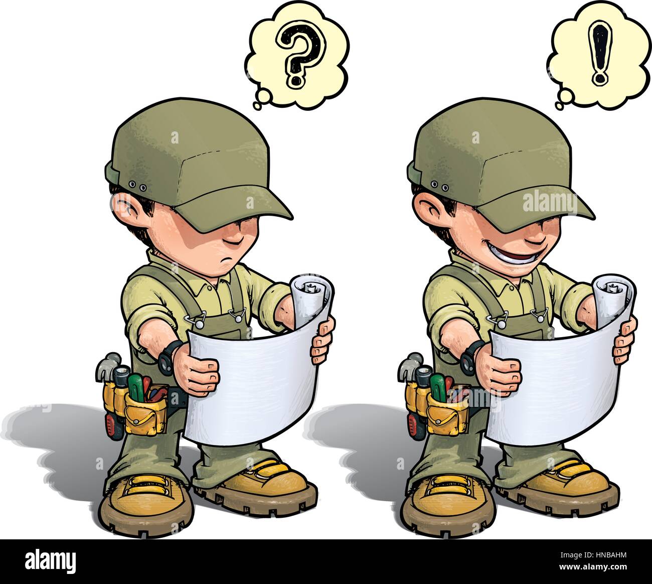 Cartoon illustration of a handyman reading a blueprint. Weather he ...