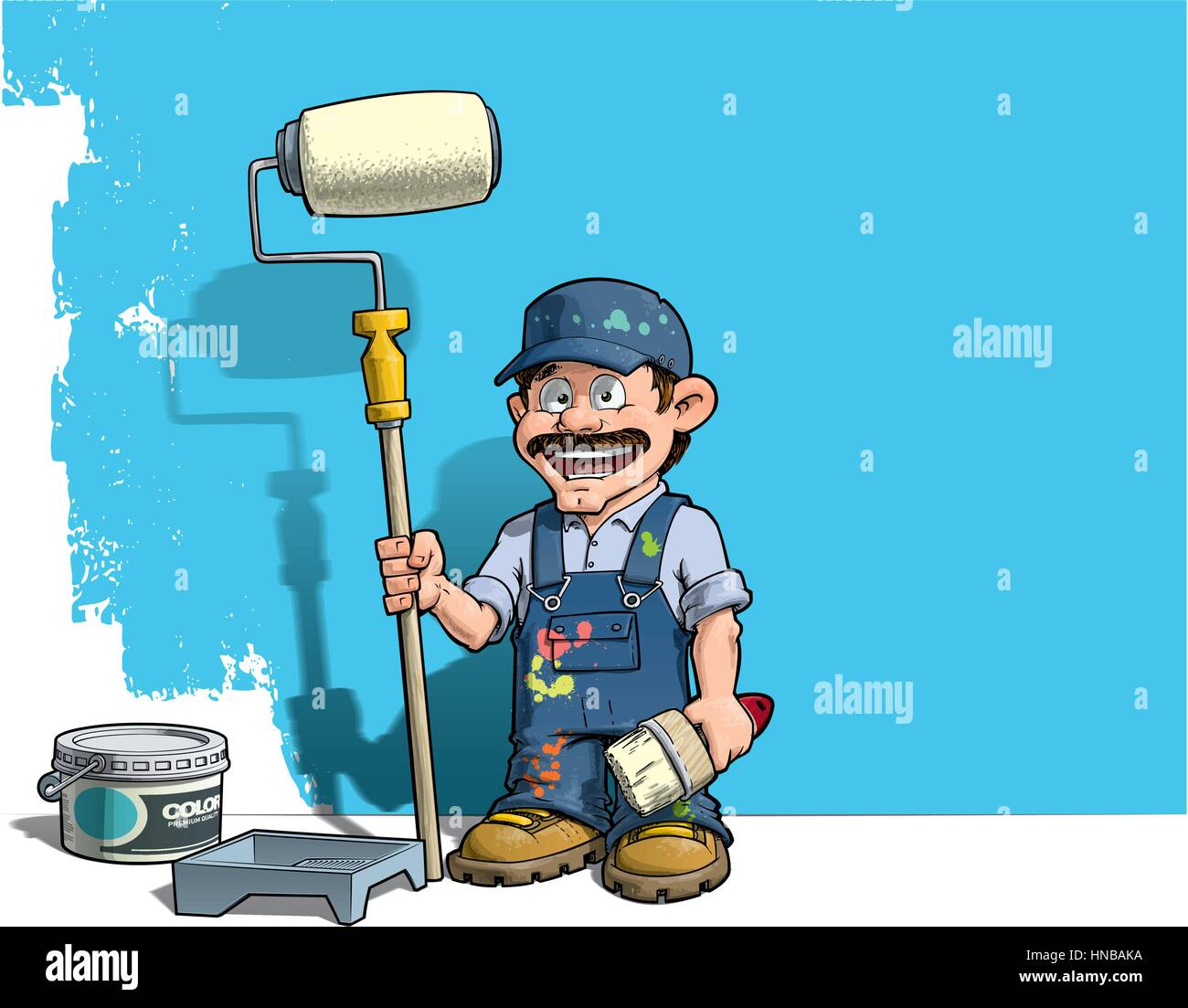 Cartoon illustration of a handyman - Painter standing by a paint bucket ...