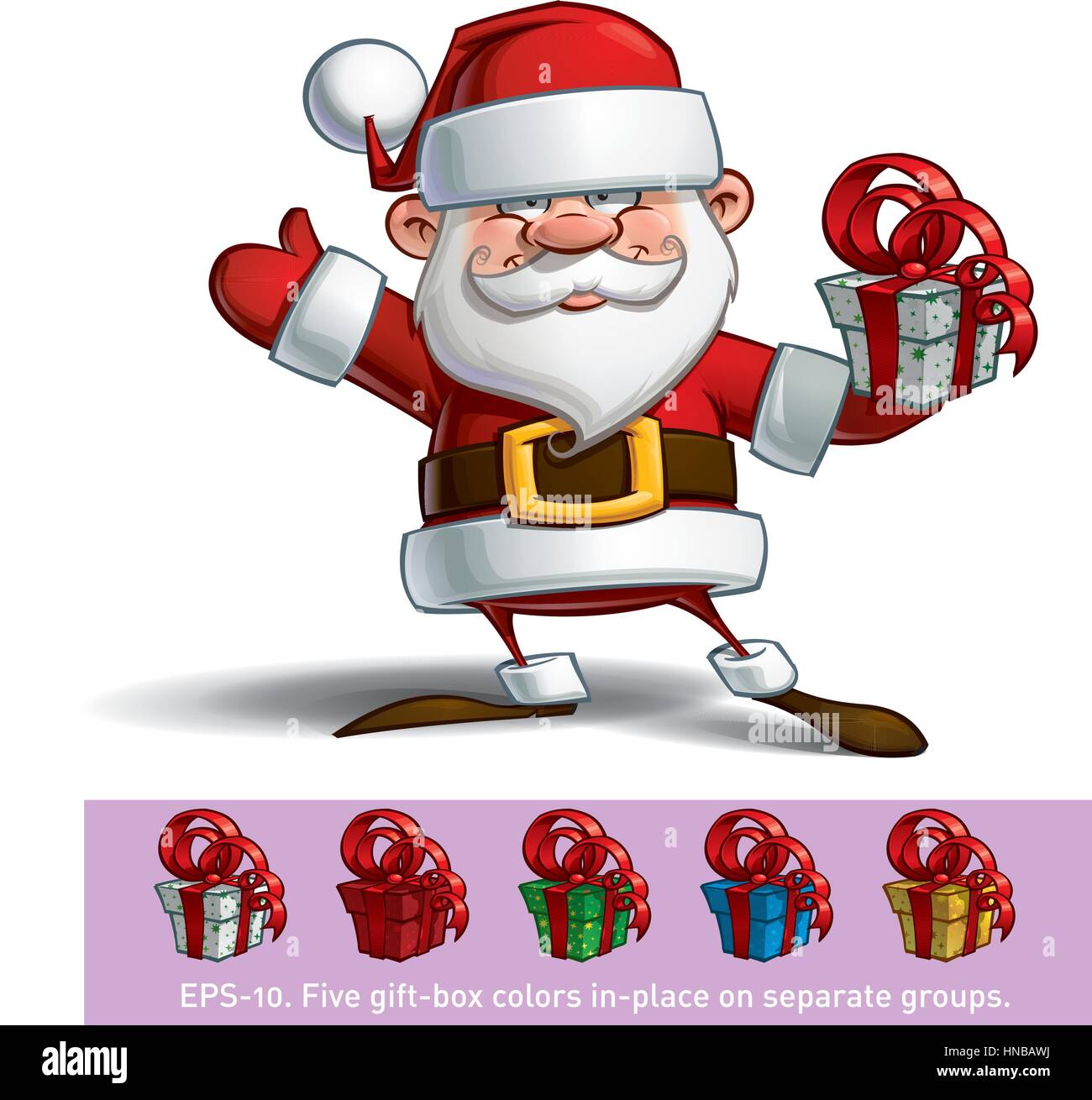 Cartoon vector illustration of a happy Santa Claus holding a gift. All ...