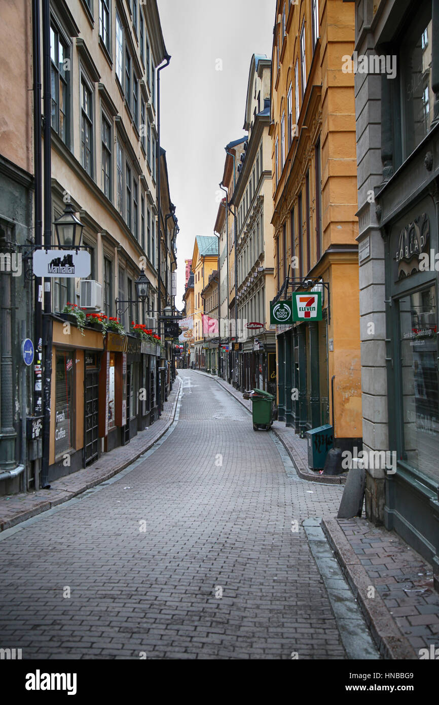 STOCKHOLM, SWEDEN - AUGUST 20, 2016: View of narrow street and colorful ...