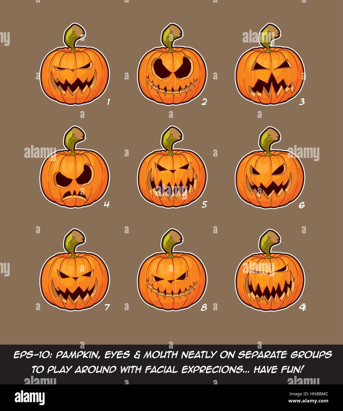 Vector icons of Jack O Lantern in 9 scary expressions. Each expression ...