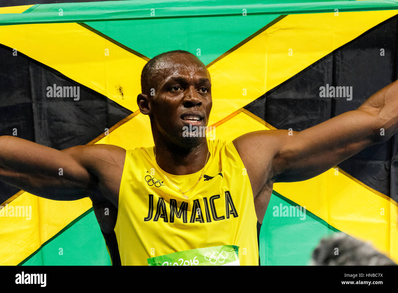 Rio de Janeiro, Brazil. 18 August 2016. Usain Bolt (JAM) wins the gold ...