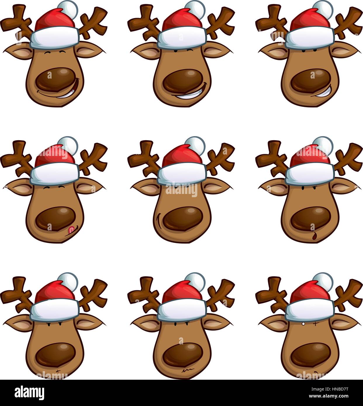 Set of cartoon illustrations of a Christmas elk in 9 expressions. Each ...